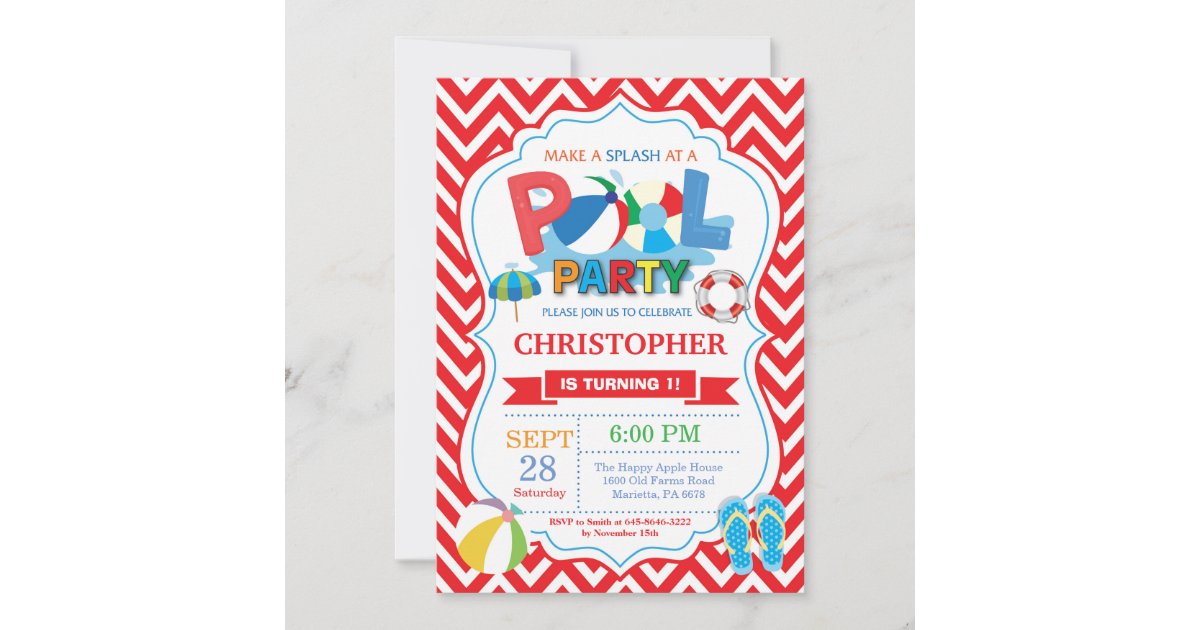 Pool Party Invitation Red Splish Splash Boy | Zazzle