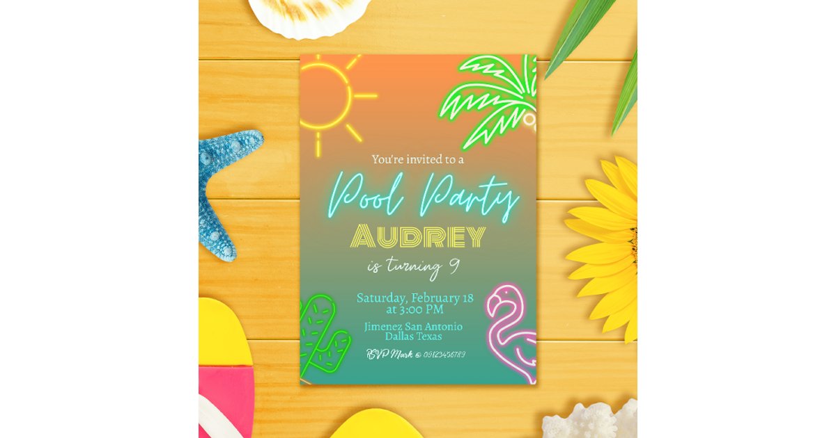 Pool Party Neon Invitation | Zazzle