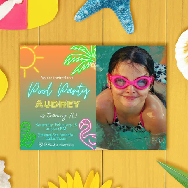 Pool Party Neon Landscape Invitation | Zazzle