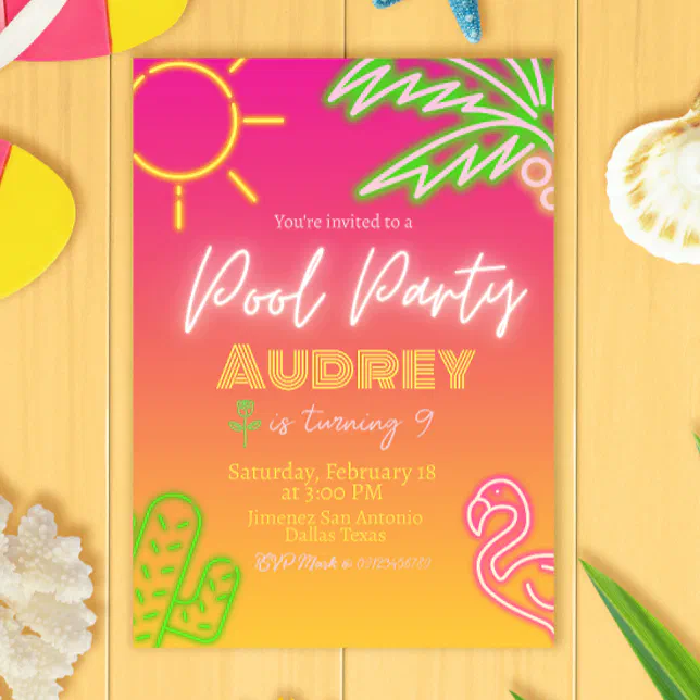 Pool Party Neon Pink Invitation | Zazzle