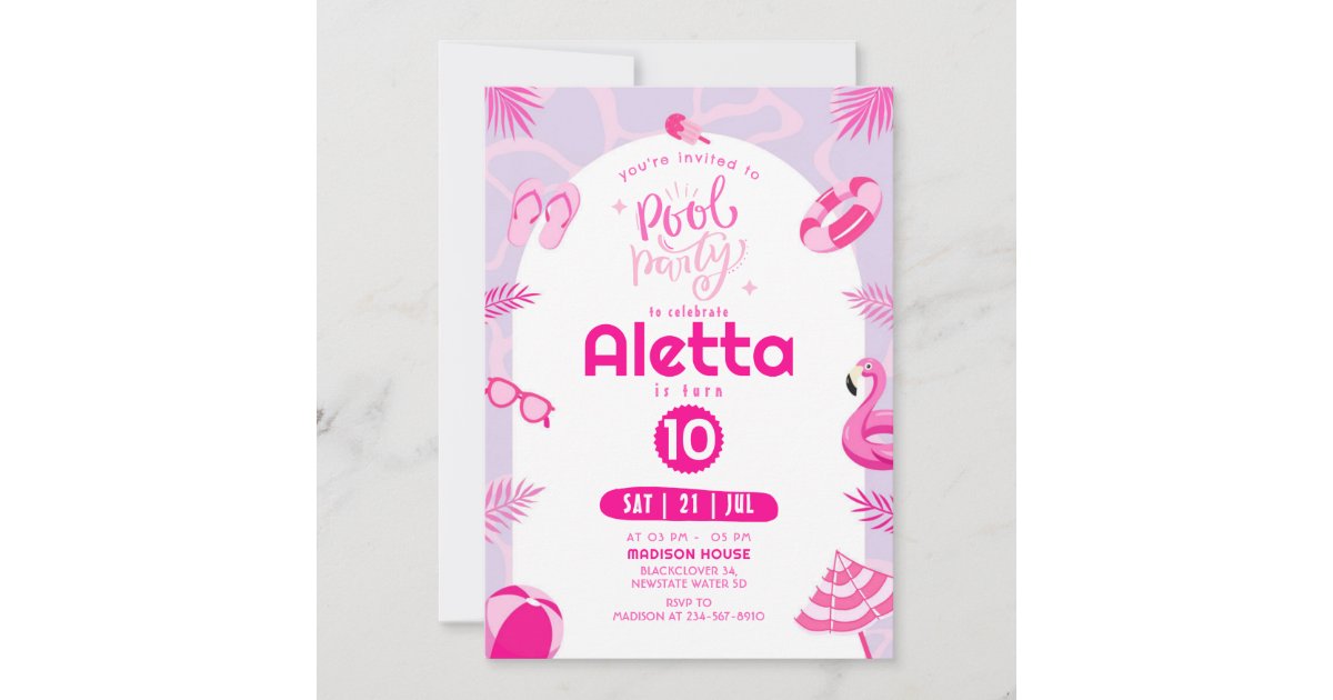 Pool Party Pink Editable Birthday Invitation | Zazzle