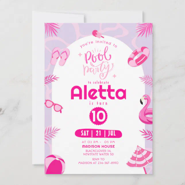 Pool Party Pink Editable Birthday Invitation | Zazzle