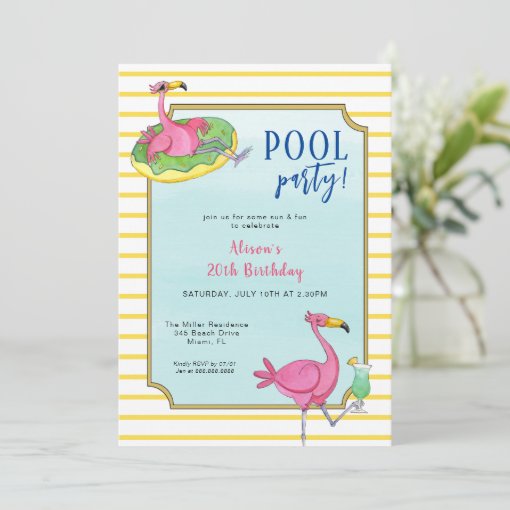Pool Party Pink Flamingos Birthday party Invitation | Zazzle