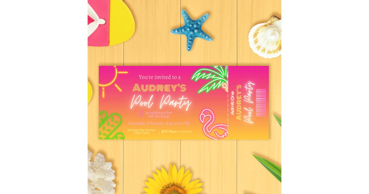 Pool Party Pink Neon Ticket Invitation | Zazzle