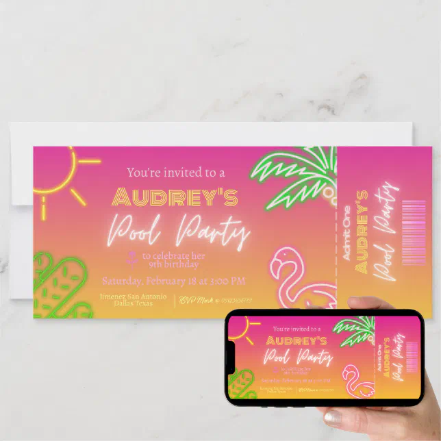 Pool Party Pink Neon Ticket Invitation | Zazzle