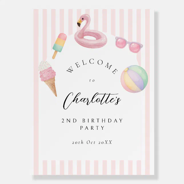 Pool Party Pink Stripes Birthday Welcome Sign | Zazzle