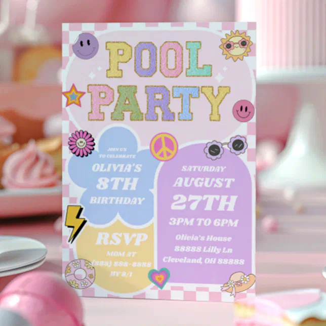 Pool Party Preppy Varsity Patch Birthday Party Invitation | Zazzle