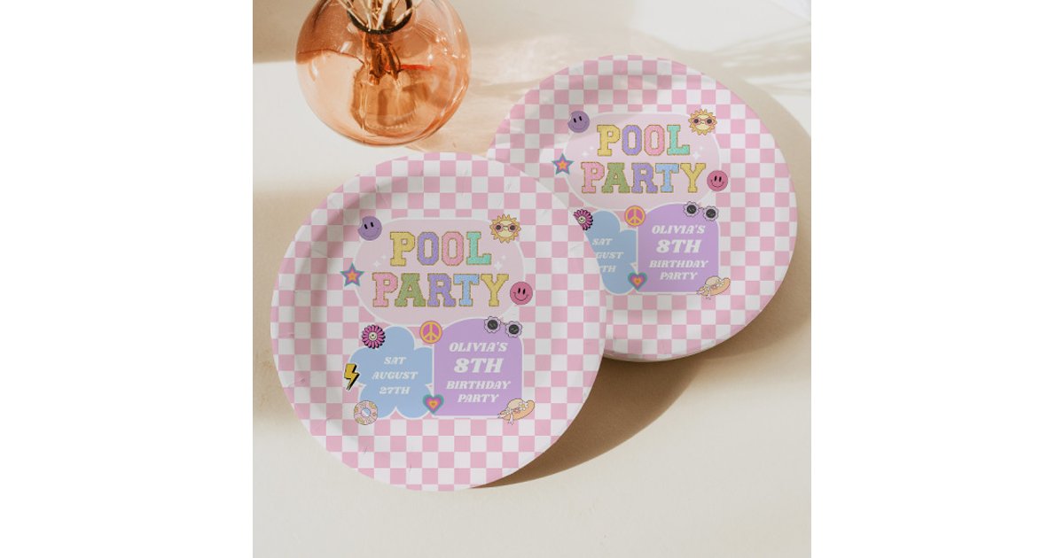 Pool Party Preppy Varsity Patch Birthday Party Paper Plates | Zazzle