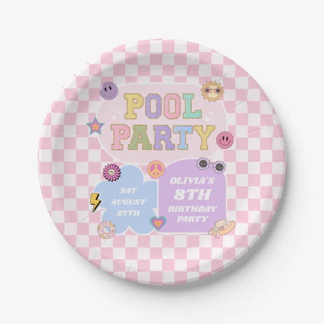 Pool Party Preppy Varsity Patch Birthday Party Paper Plates | Zazzle
