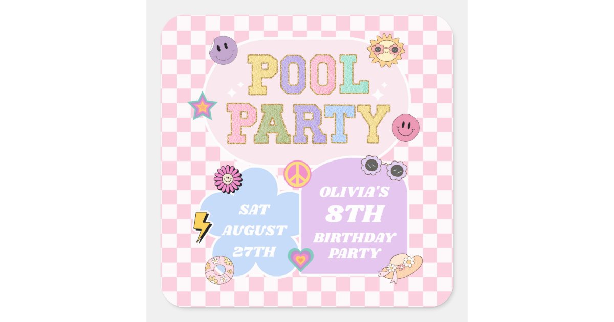 Pool Party Preppy Varsity Patch Birthday Party Square Sticker | Zazzle
