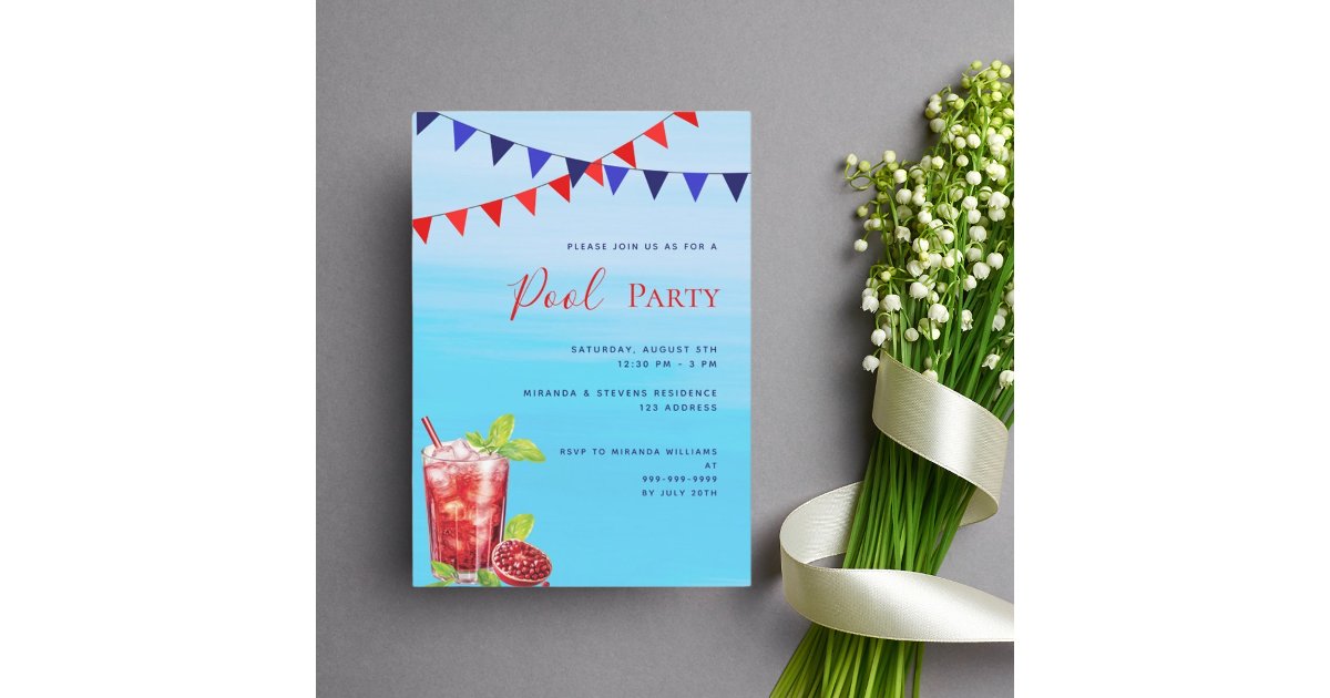 Pool party red drink blue water invitation | Zazzle