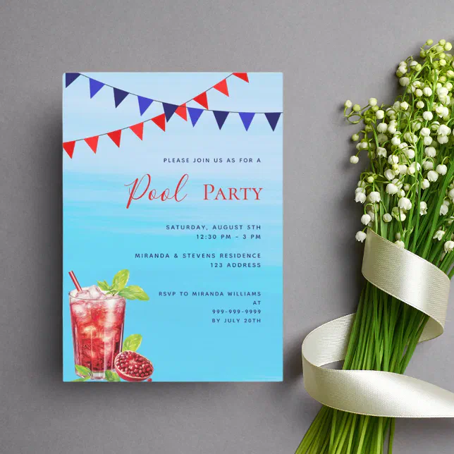 Pool party red drink blue water invitation | Zazzle