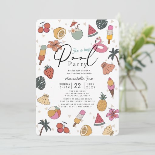 Pool Party Summer Items Boy Baby Shower Invitation | Zazzle