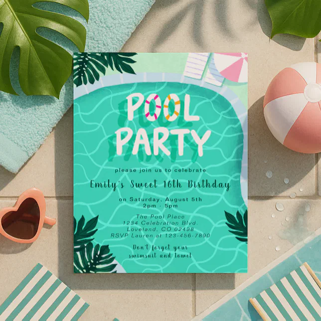 Pool Party Summer Modern Sweet Sixteen Birthday Invitation | Zazzle