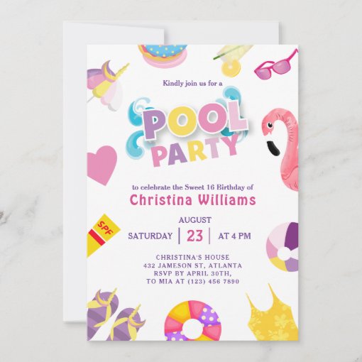 Pool Party Summer Sweet 16 Birthday Invitation | Zazzle