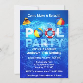 Pool Party Summer Swimming Splash Birthday Invitation | Zazzle