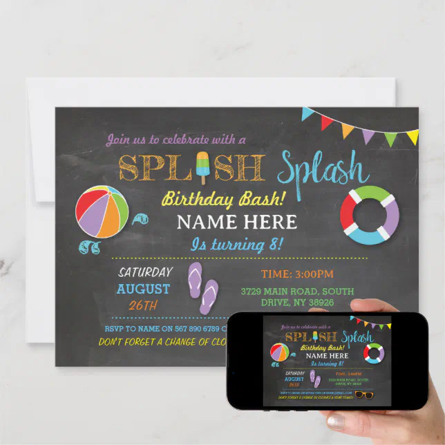 Pool Party Swimming Birthday Splish Splash Invite | Zazzle