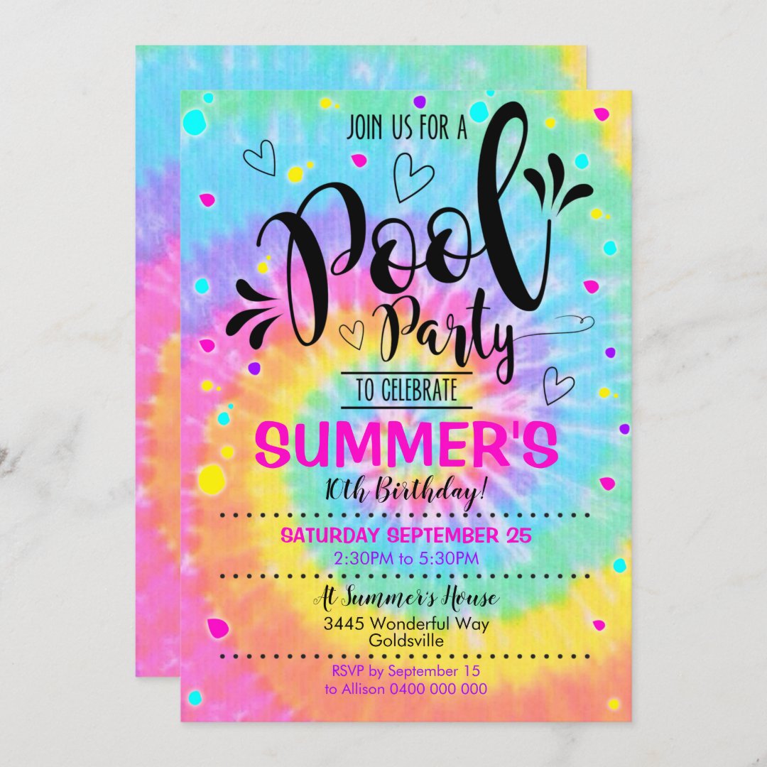 Pool Party Tie Dye Invitation Pool Birthday | Zazzle