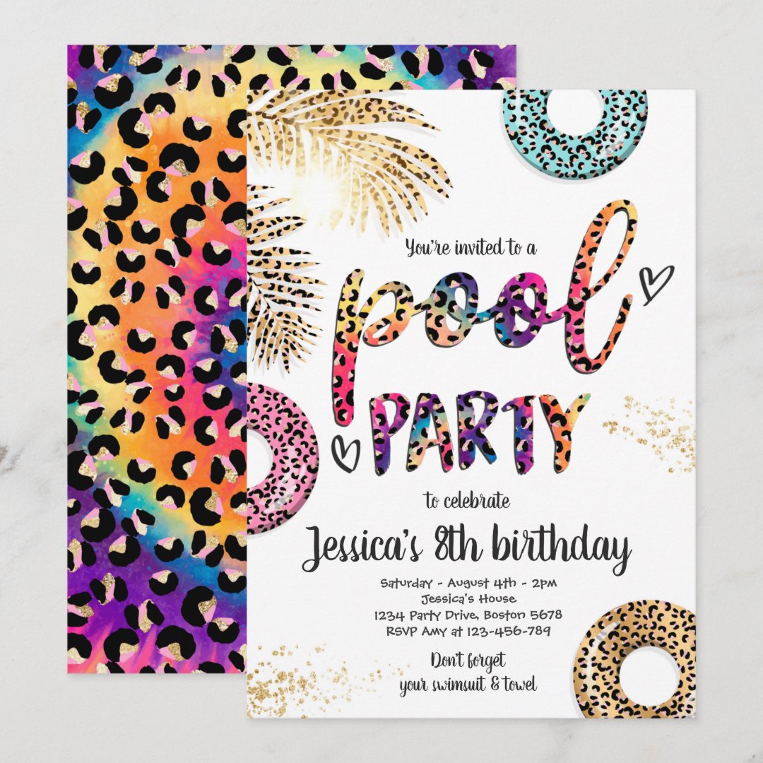Pool Party Tie Dye Leopard Print Pool Birthday Invitation | Zazzle