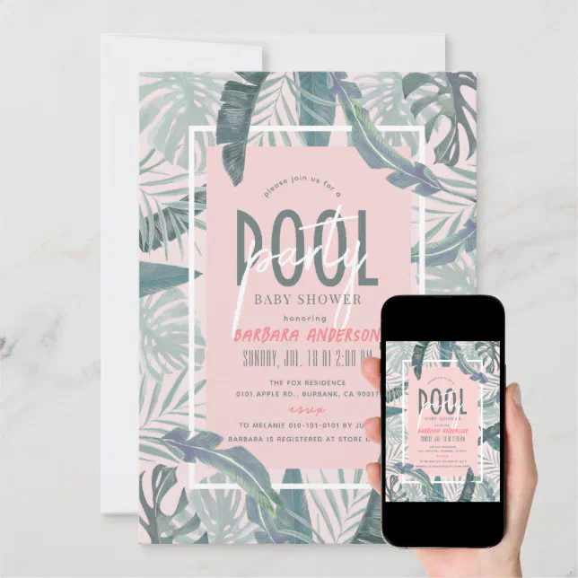 Pool Party Tropical Leaves Pink Girl Baby Shower Invitation | Zazzle