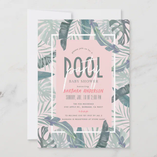 Pool Party Tropical Leaves Pink Girl Baby Shower Invitation | Zazzle