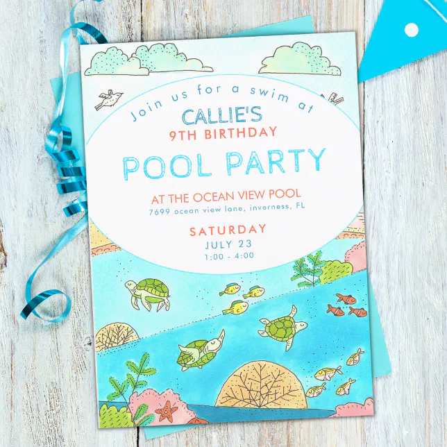 Pool Party Turtles Summer Birthday Invitation | Zazzle