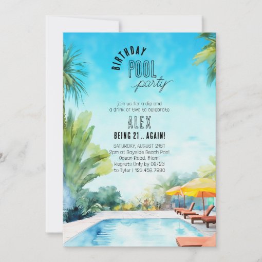Pool Party Watercolor Any Age Adult Birthday Invitation | Zazzle