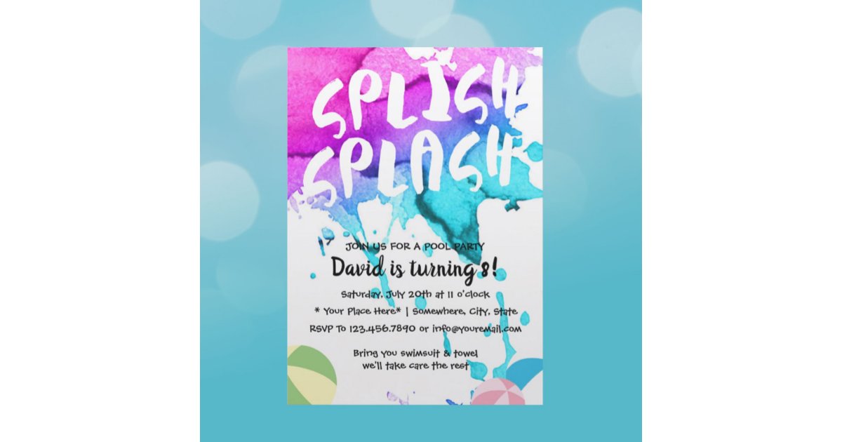 Pool Party Watercolor Splish Splash Birthday Invitation | Zazzle