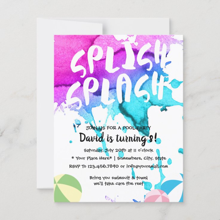 Pool Party Watercolor Splish Splash Birthday Invitation | Zazzle