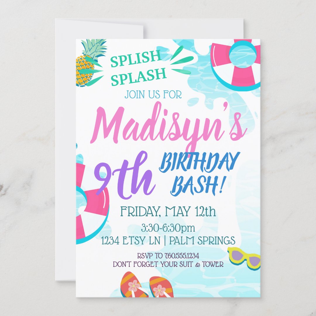 Pool Party Watercolor Splish Splash Birthday RSVP Invitation | Zazzle