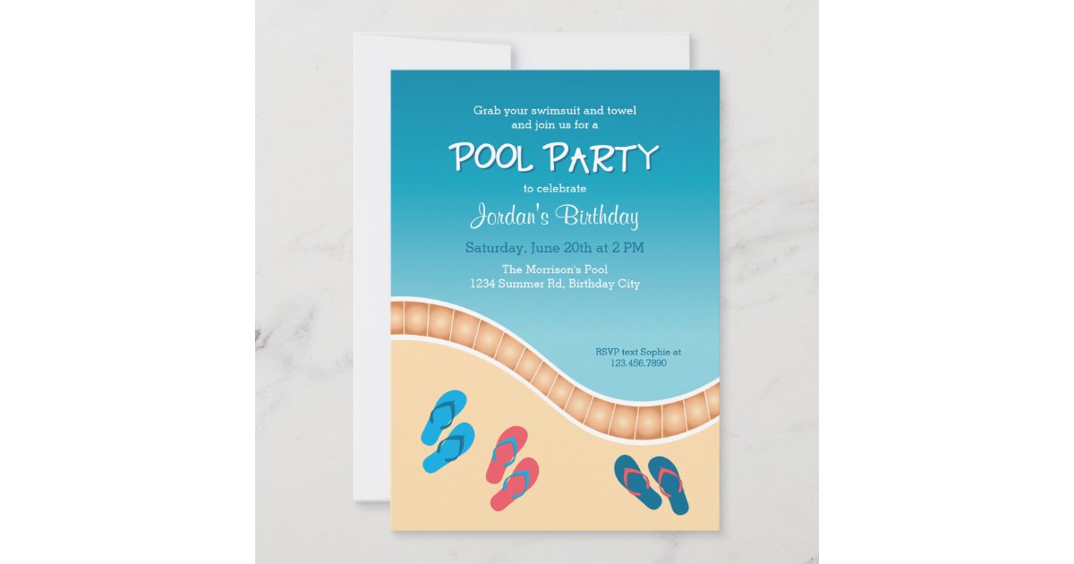 Pool Party with Flip Flops Birthday Invitation | Zazzle
