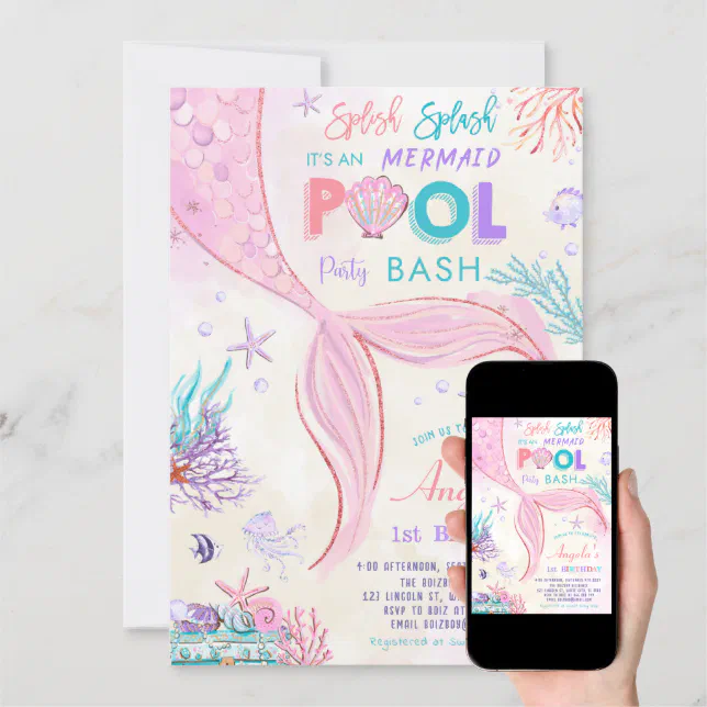 POOL Splish Splash It's An Mermaid Birthday Party Invitation | Zazzle