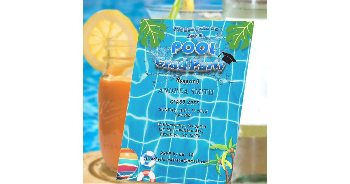 Pool Summer Modern Fun Graduation Party Tropical Invitation | Zazzle