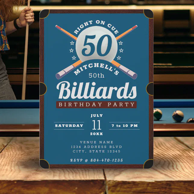 Pool Table Billiards 50th Birthday Party Blue Invitation | Zazzle