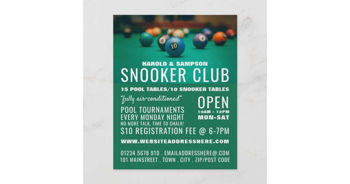 Pool Table, Pool Club, Snooker Club Advertising Flyer | Zazzle