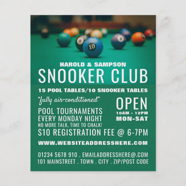 Pool Table, Pool Club, Snooker Club Advertising Flyer | Zazzle