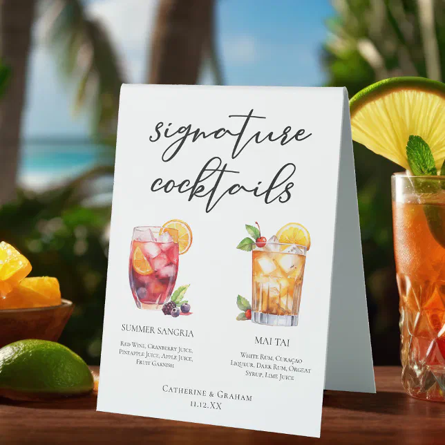 Poolside Signature Cocktails Wedding Menu Table Tent | Zazzle