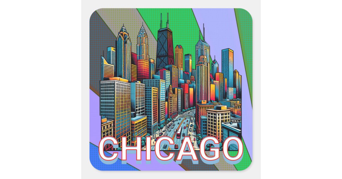 Pop art Comic Book Style Chicago Illinois Square Sticker | Zazzle