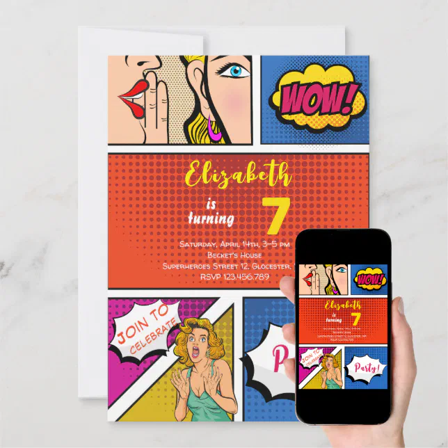 Pop art girl comic birthday invitation | Zazzle
