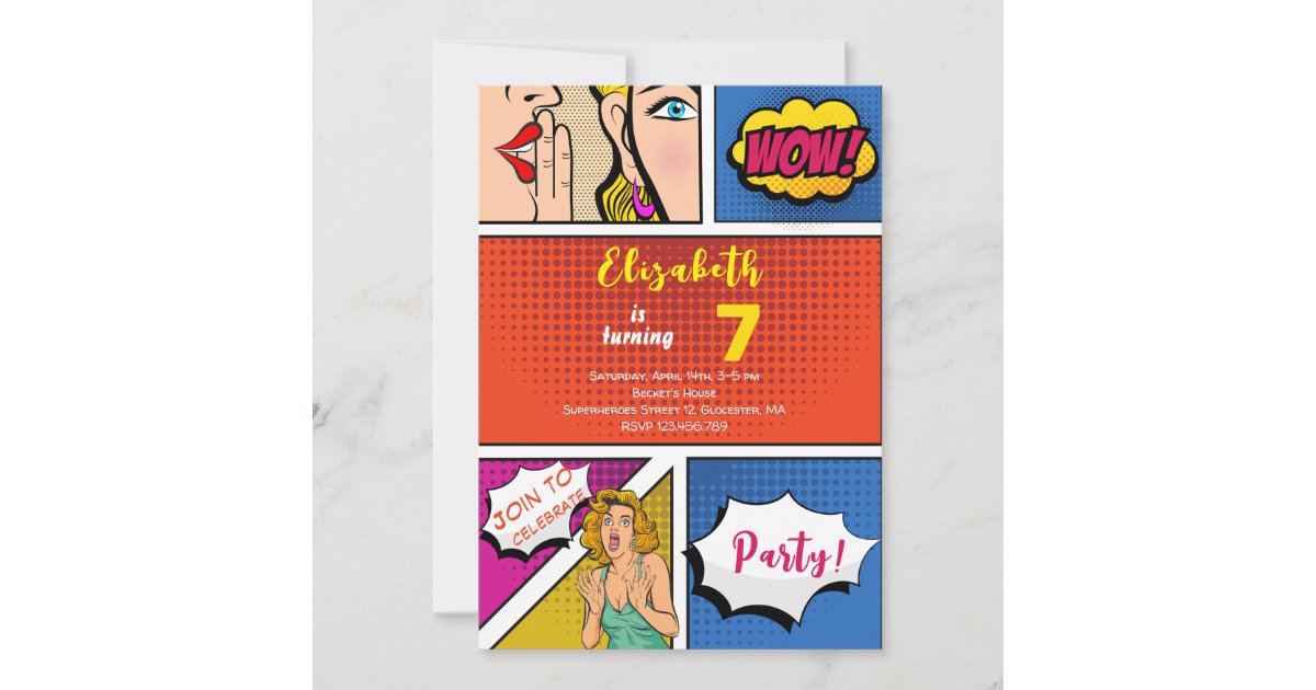 Pop art girl comic birthday invitation | Zazzle