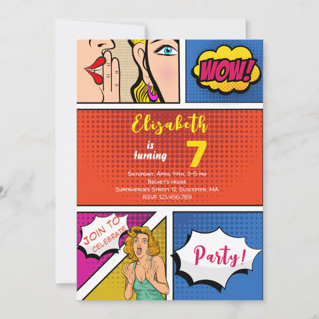 Pop art girl comic birthday invitation | Zazzle