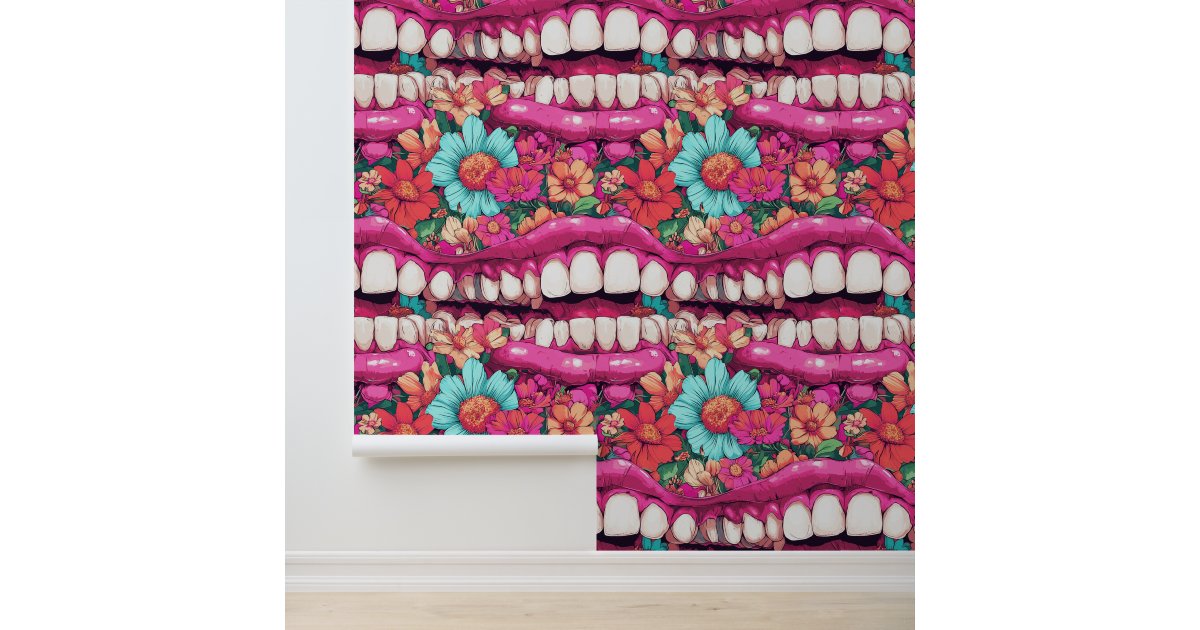 Pop Art Teeth Flower Smile Dental Clinic Decor Wallpaper | Zazzle
