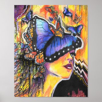 Pop Art Woman Blue Butterfly Portrait Poster | Zazzle