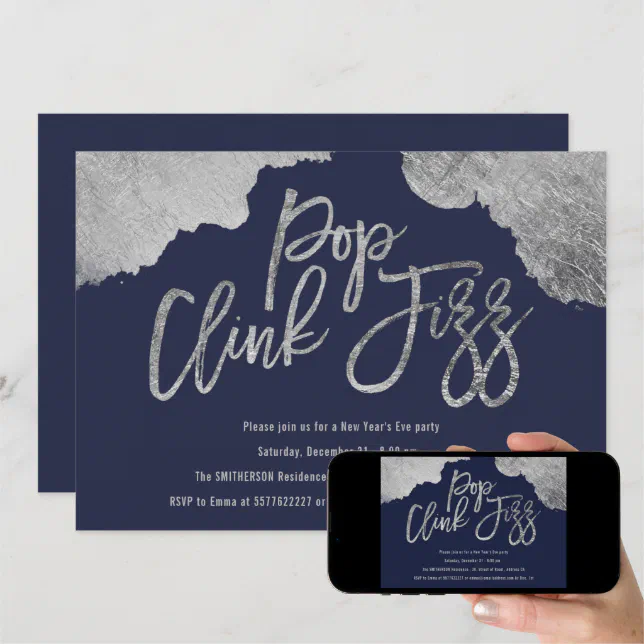 Pop clink fizz script blue silver New Years Eve Invitation | Zazzle