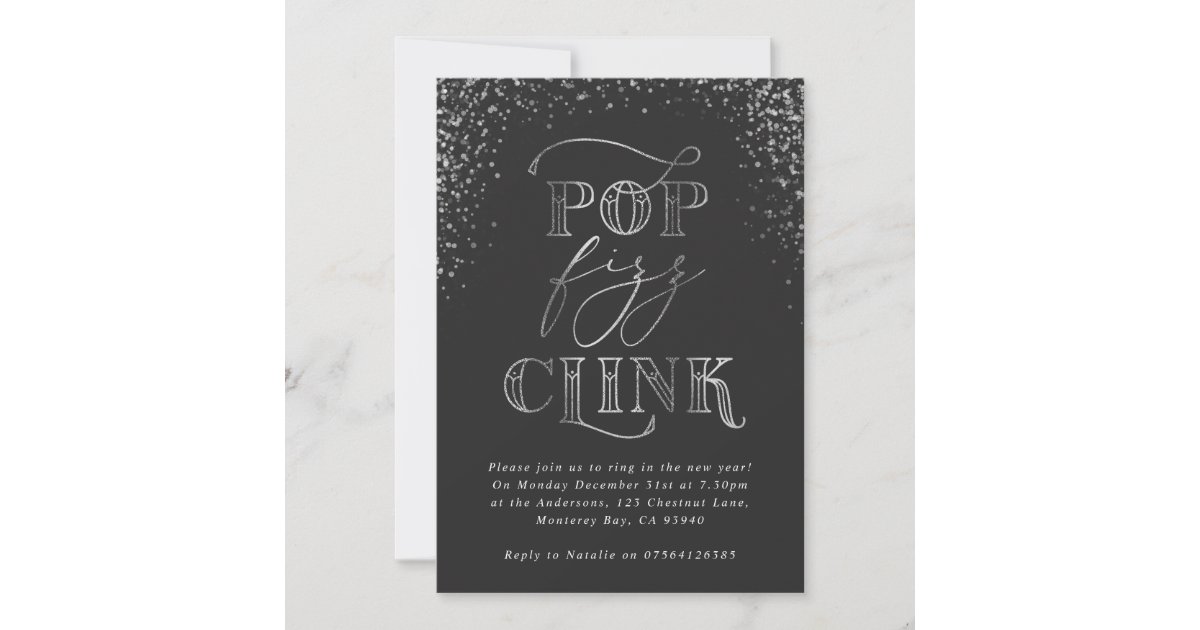pop clink fizz silver holiday party invitation | Zazzle