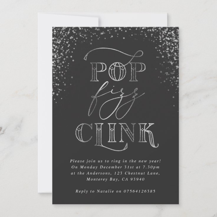 pop clink fizz silver holiday party invitation | Zazzle