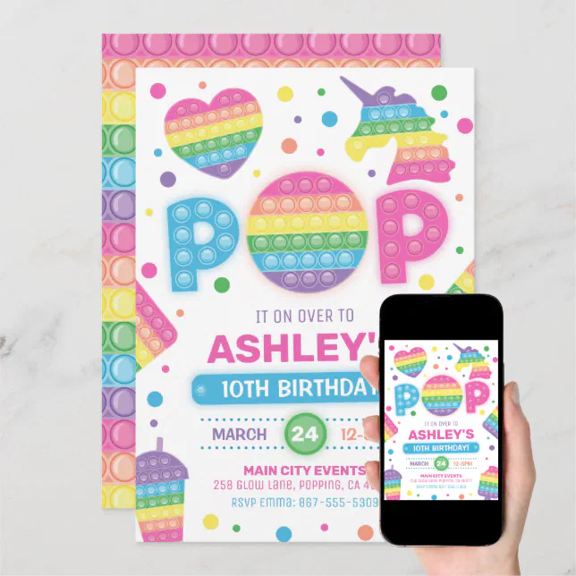 Pop It Birthday Invitation, Pop Rainbow Invite | Zazzle