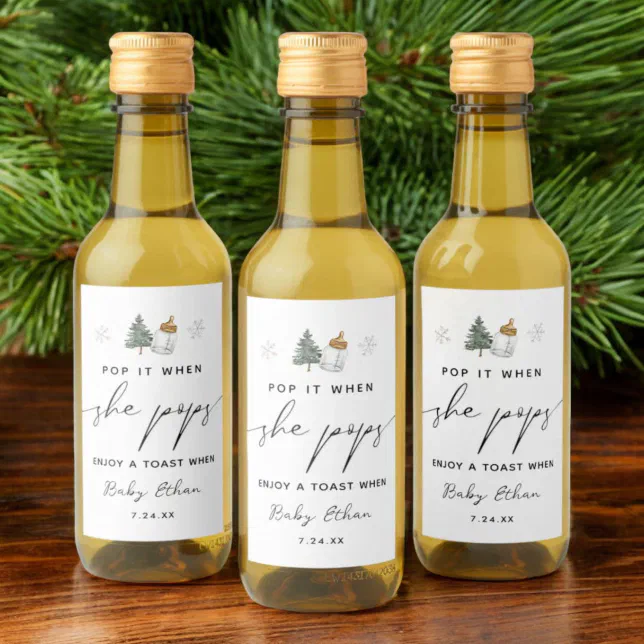 Pop it When She Pops Mountain Winter Baby Shower Wine Label | Zazzle