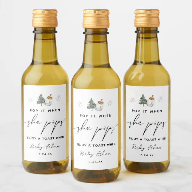 Pop it When She Pops Mountain Winter Baby Shower Wine Label | Zazzle