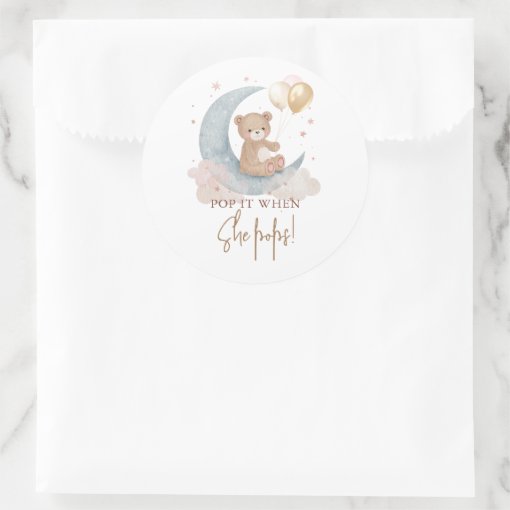 Pop It When She Pops Teddy Bear Baby Shower Classic Round Sticker | Zazzle